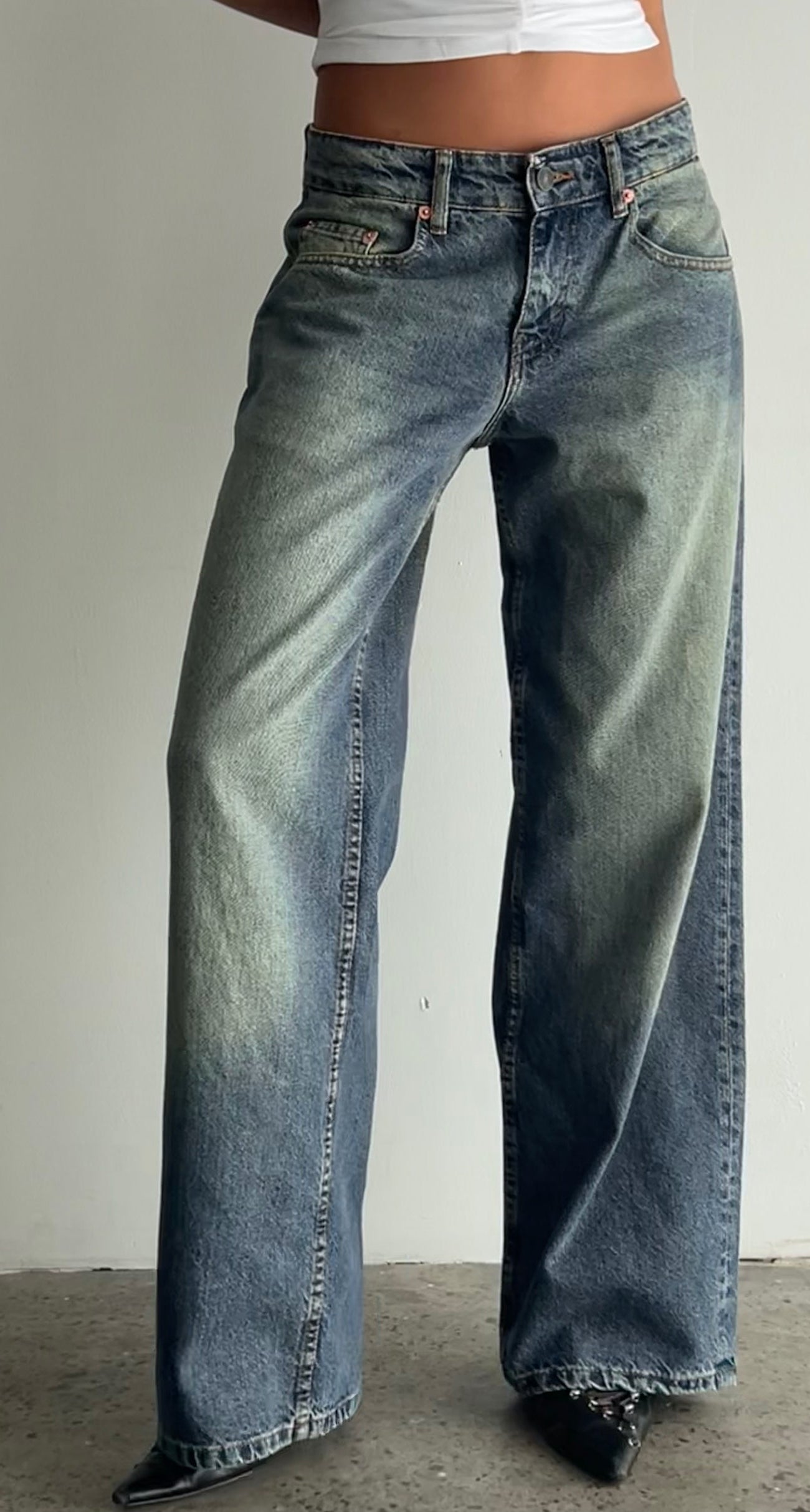 Extreme Blue Green Extra Wide Low Rise Jeans | Roomy – motelrocks-com-us