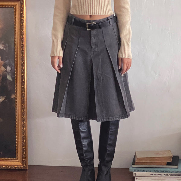 Grey Wash Pleated Denim Midi Skirt | Sanjani – motelrocks-com-us