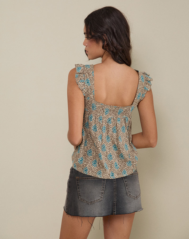 Blue and Brown Floral Bohemian Batik Top | Sanula – motelrocks-com-us