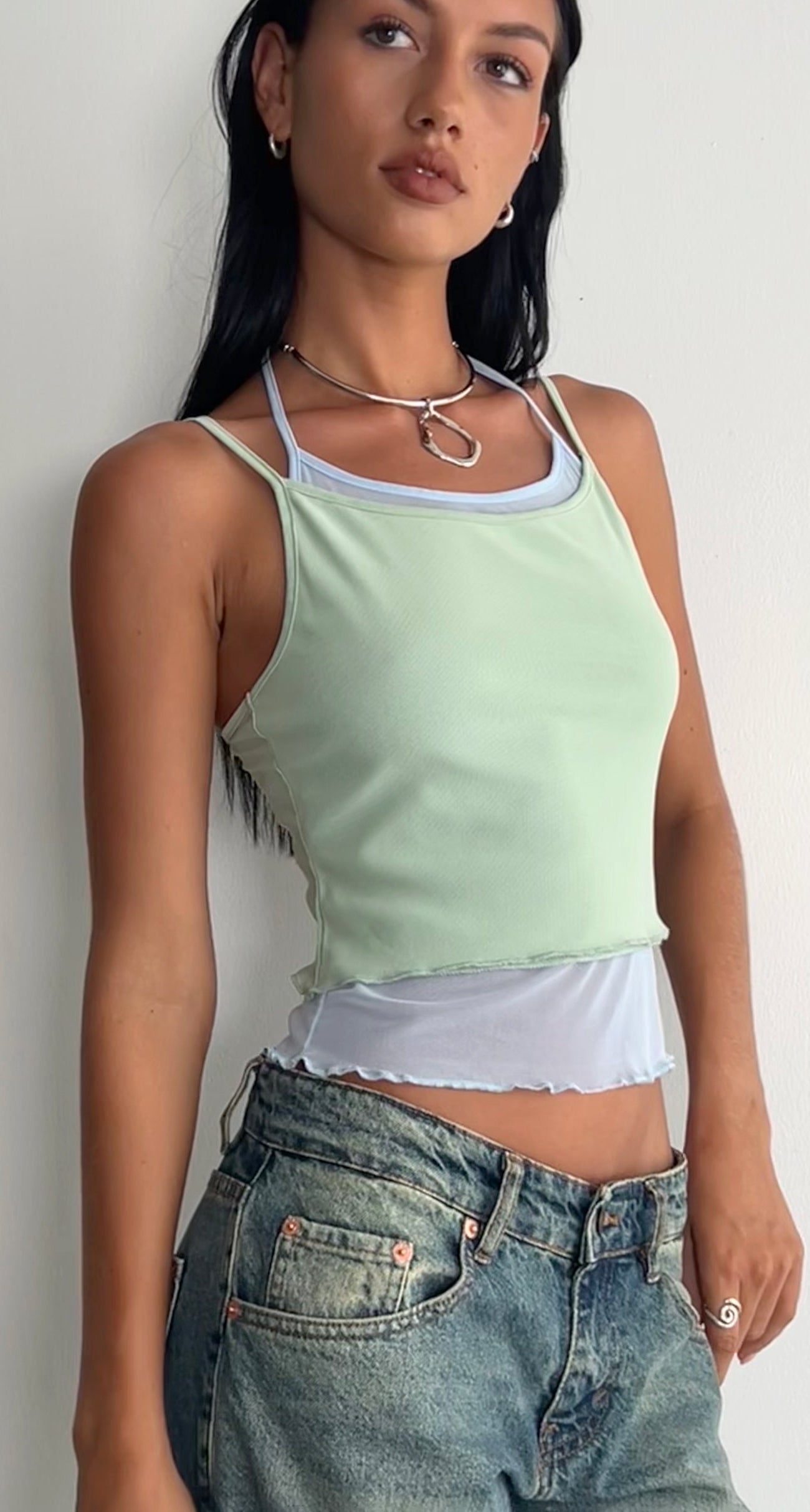 Frost Blue and Sage Green Double Layered Cami Top | Sapphi – motelrocks-com-us