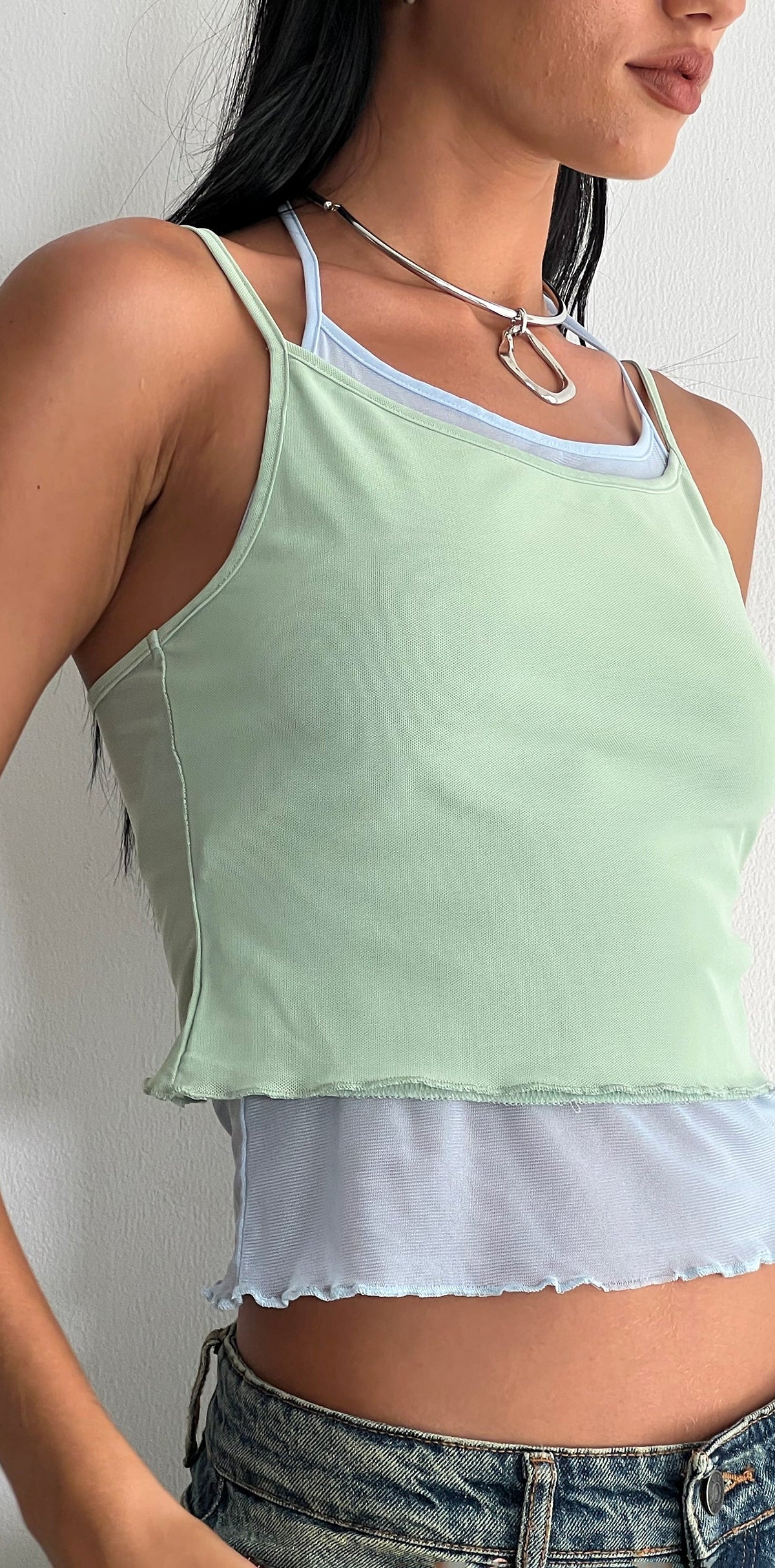 Frost Blue and Sage Green Double Layered Cami Top | Sapphi – motelrocks-com-us