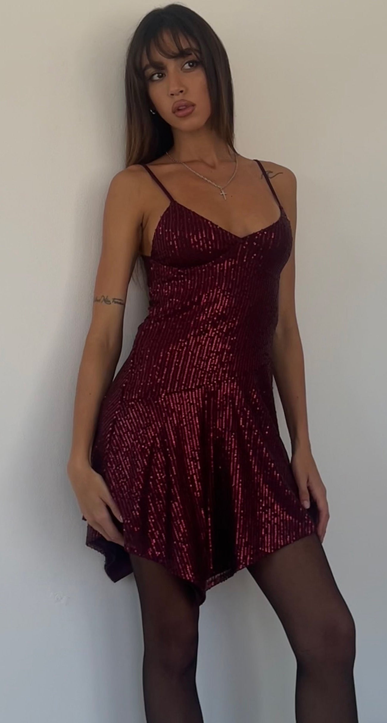 Burgundy Sequin Waterfall Mini Dress | Sarabeth – motelrocks-com-us