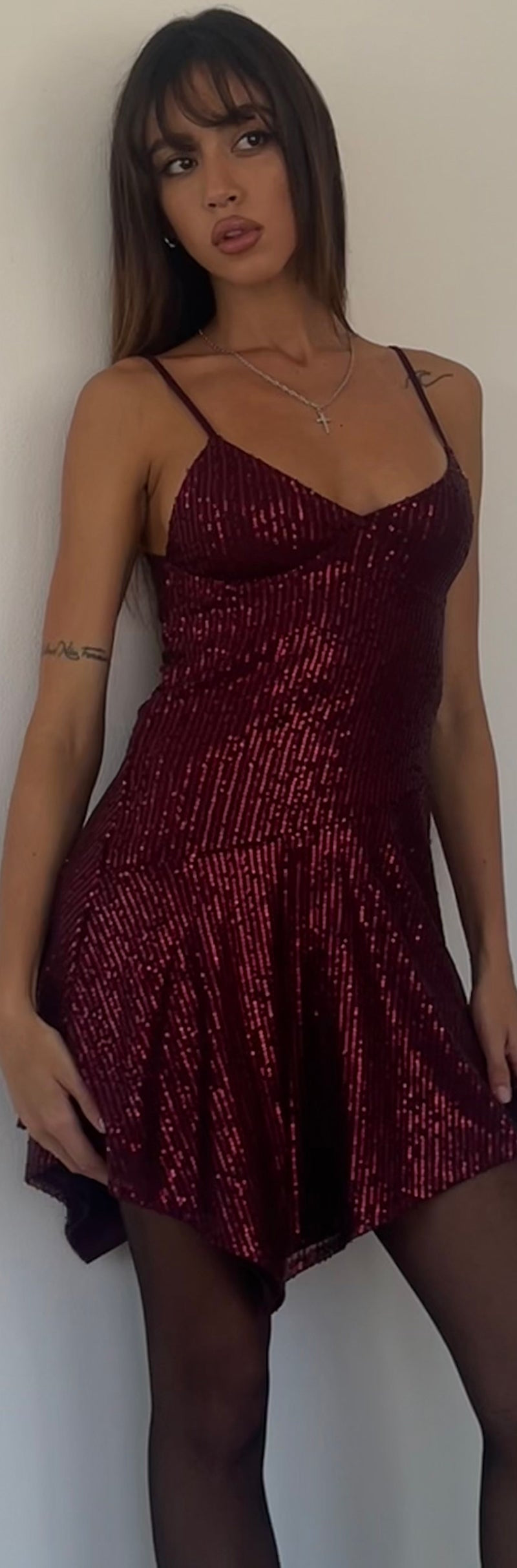 Burgundy Sequin Waterfall Mini Dress | Sarabeth – motelrocks-com-us