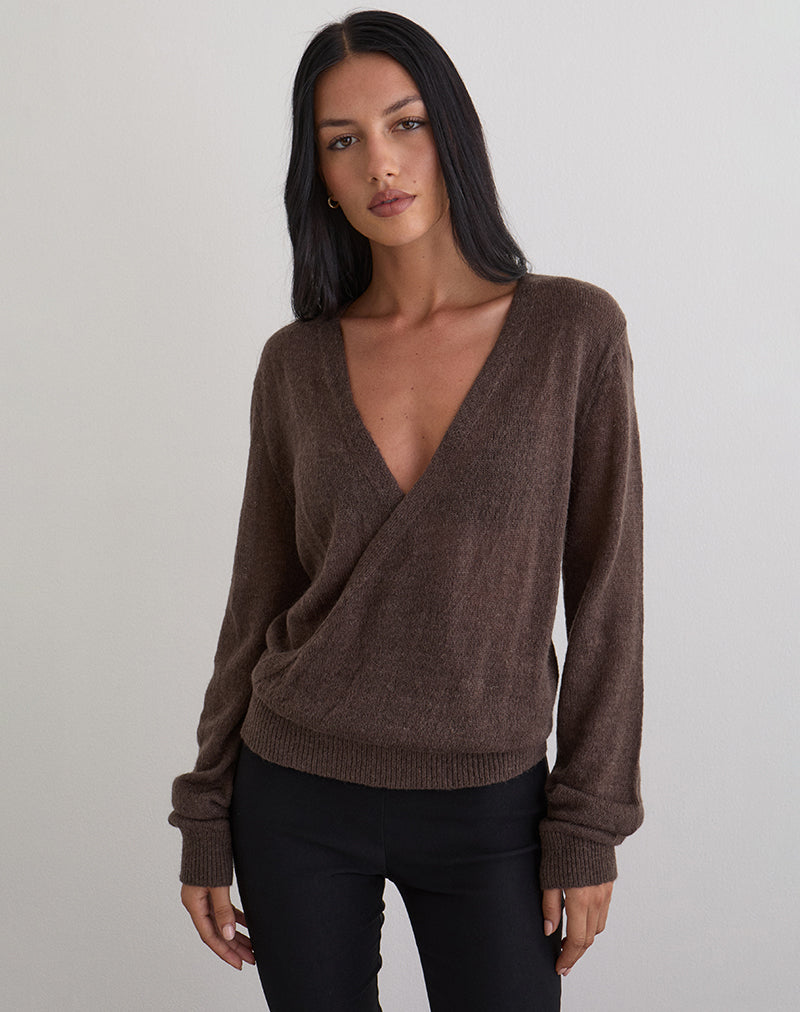 Dark Chocolate Knit Plunge Wrap Top | Saroya – motelrocks-com-us