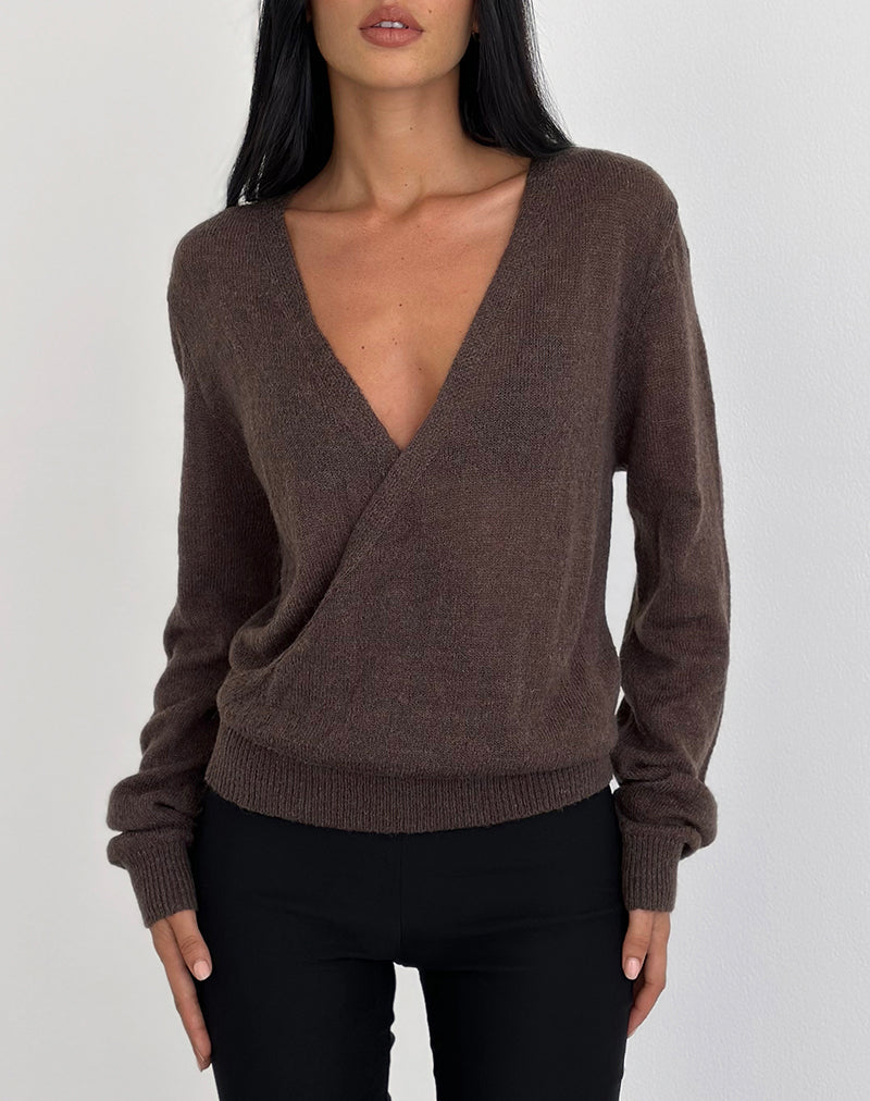 Dark Chocolate Knit Plunge Wrap Top | Saroya – motelrocks-com-us