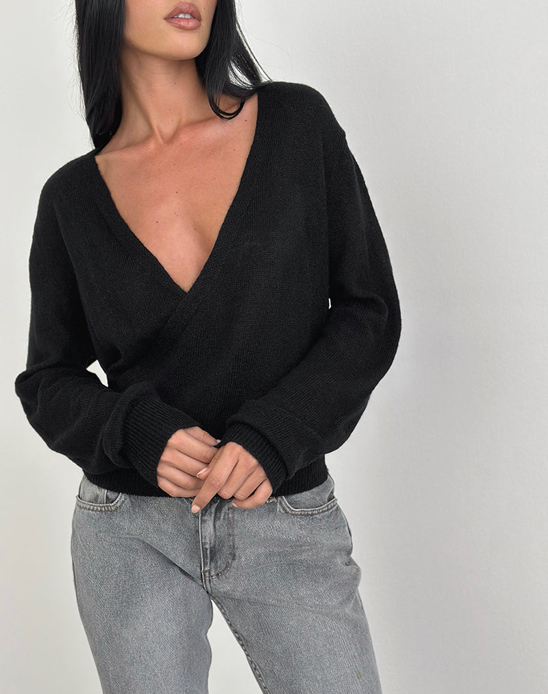 Black Knit Plunge Wrap Top | Saroya – motelrocks-com-us
