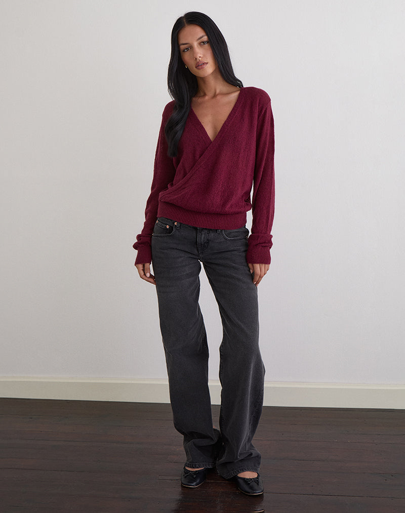 Wine Red Knit Plunge Wrap Top | Saroya – motelrocks-com-us