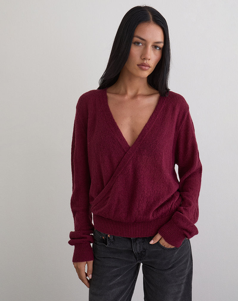 Wine Red Knit Plunge Wrap Top | Saroya – motelrocks-com-us