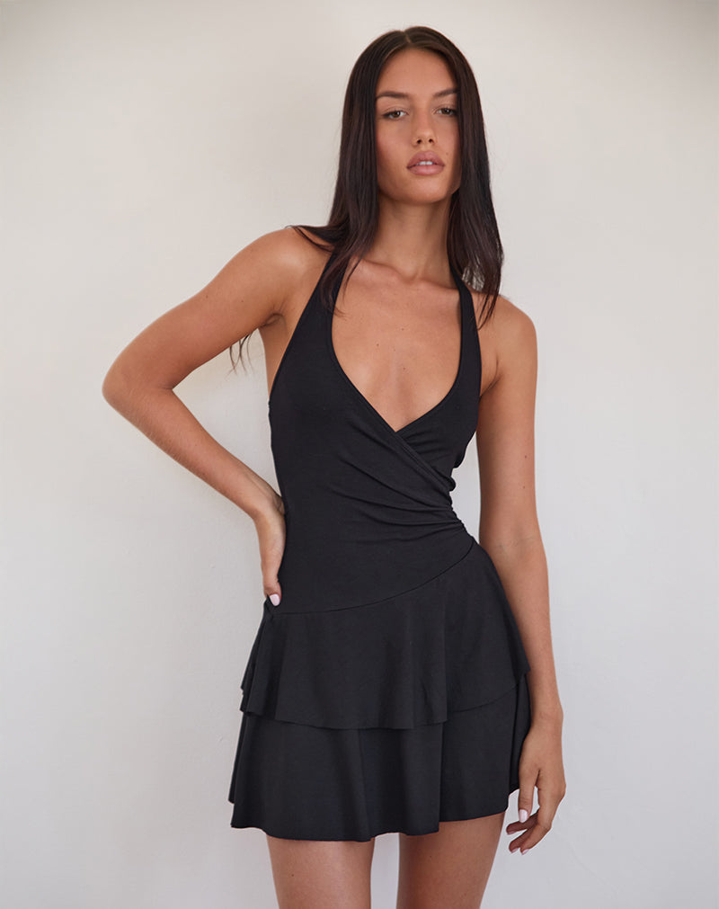 Black Plunge Halterneck Wrap MIni Dress | Semary – motelrocks-com-us