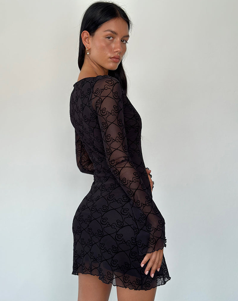 Black Queen Of Heart Flock Long Sleeve Mini Dress Sevila Motelrocks