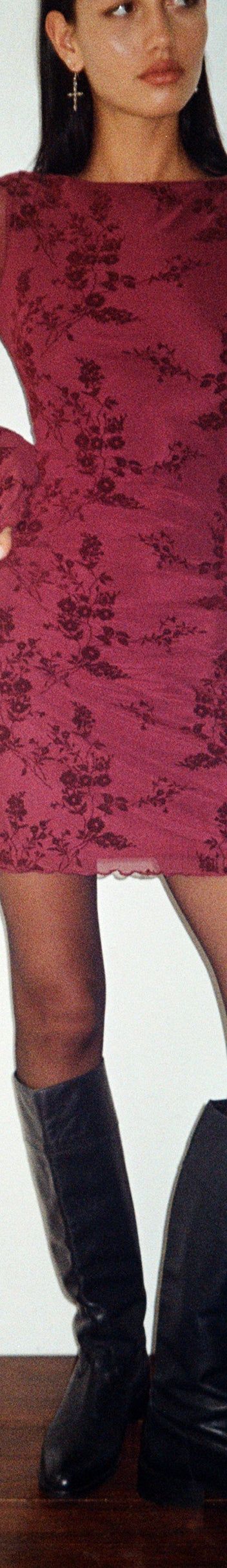 Maroon Red Botanical Flower Long Sleeve Mini Dress | Sevila ...