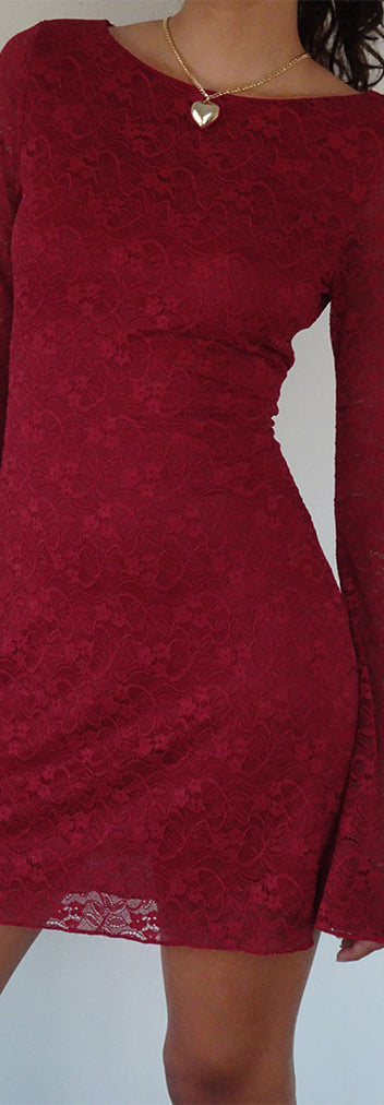 Deep Red Lace Long Sleeve Mini Dress | Sevila – motelrocks-com-us