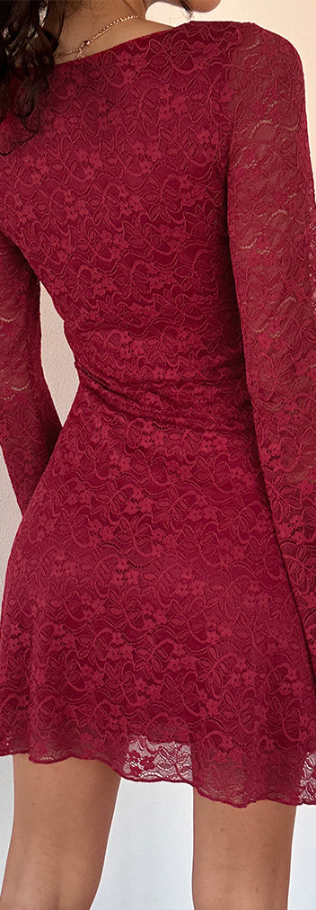 Deep Red Lace Long Sleeve Mini Dress | Sevila – motelrocks-com-us