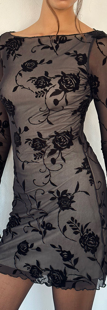 Black Rose Flock Long Sleeve Mini Dress | Sevila – motelrocks-com-us