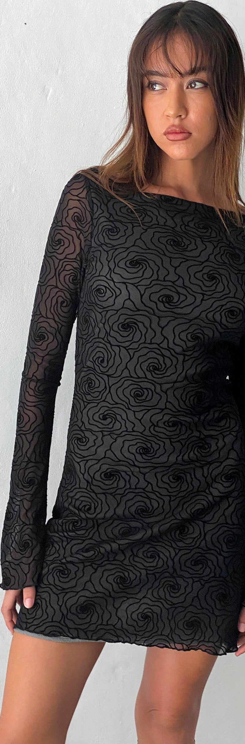 Mesh Black Abstract Flower Flock Long Sleeve Mini Dress | Sevila ...