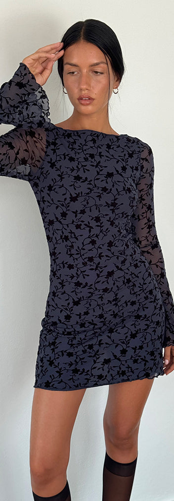 Navy Flocked Petal Long Sleeve Mini Dress | Sevila – motelrocks-com-us