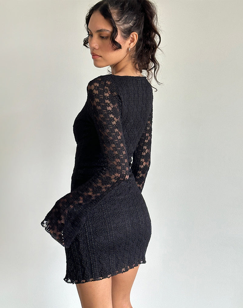 Black Regal Lace Long Sleeve Mini Dress | Sevila – motelrocks-com-us