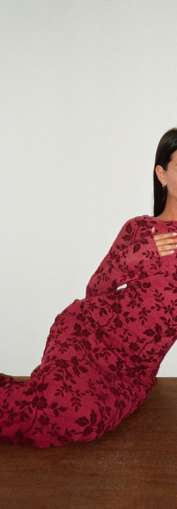 Cherry Red Vine Floral Flock Long Sleeve Maxi Dress | Slokya ...