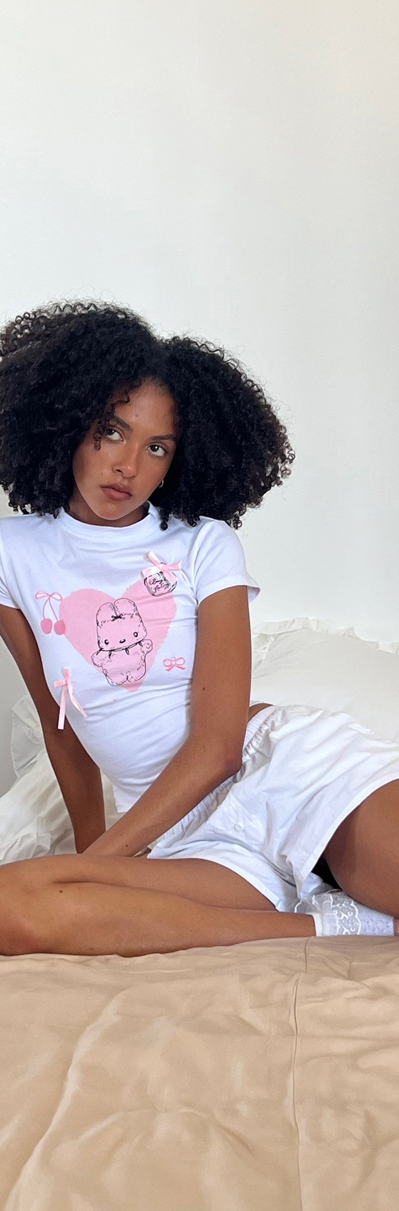White with Love Bunny Print and Embroidery Cropped Tee | Tiona – motelrocks-com-us