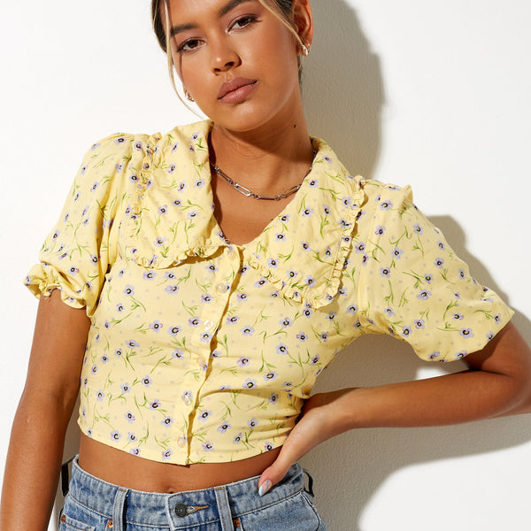 Yellow Floral Oversized Collar Top | Tucci – motelrocks-com-us