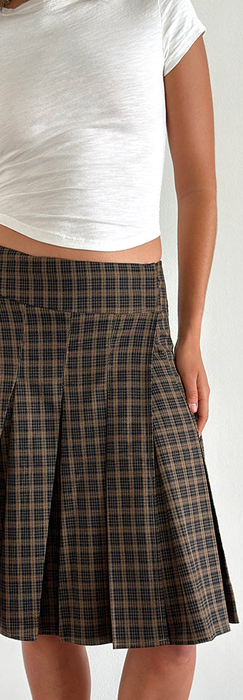 Dark Brown Check Pleated Midi Skirt | Vanka – motelrocks-com-us