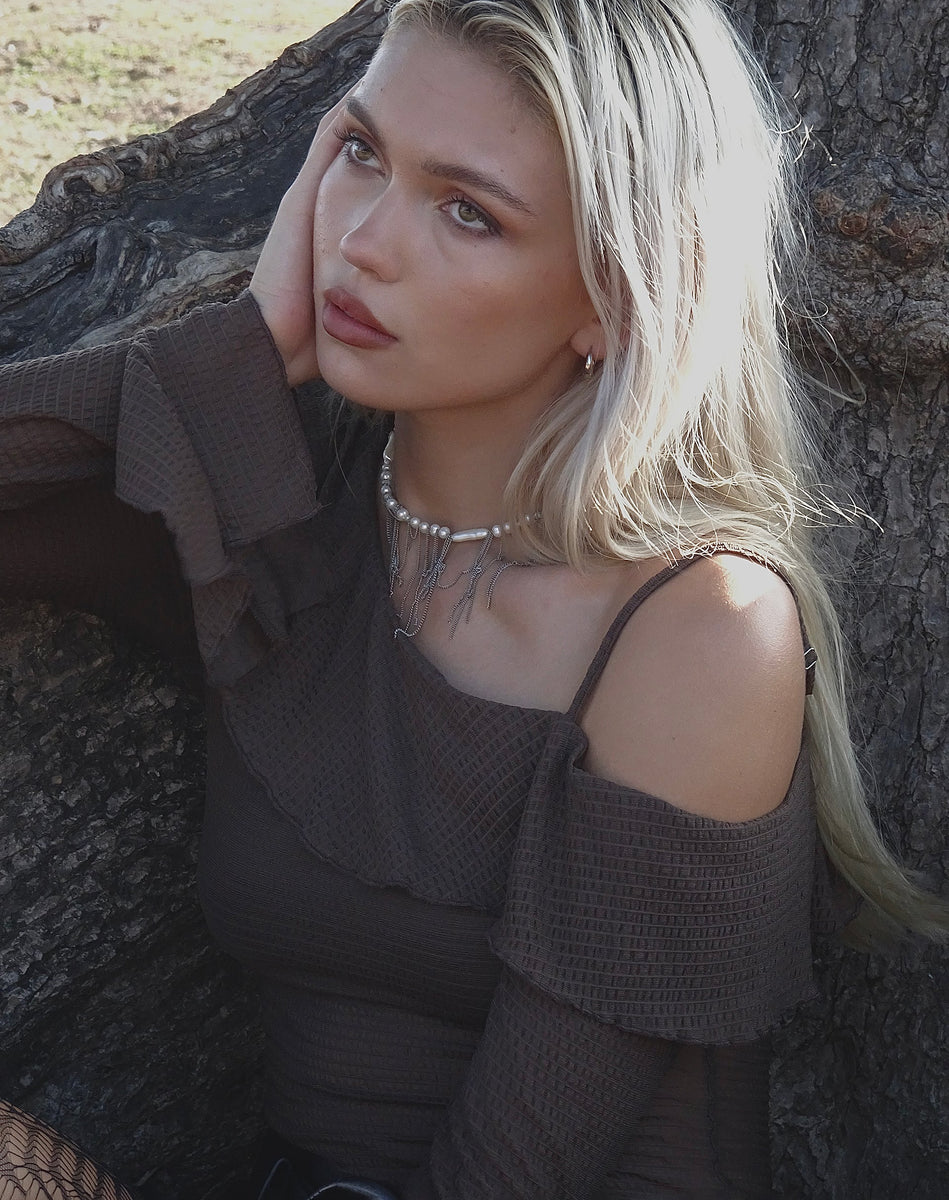 Brown Bubble Mesh Long Sleeve Bardot Top | Viserra – motelrocks-com-us