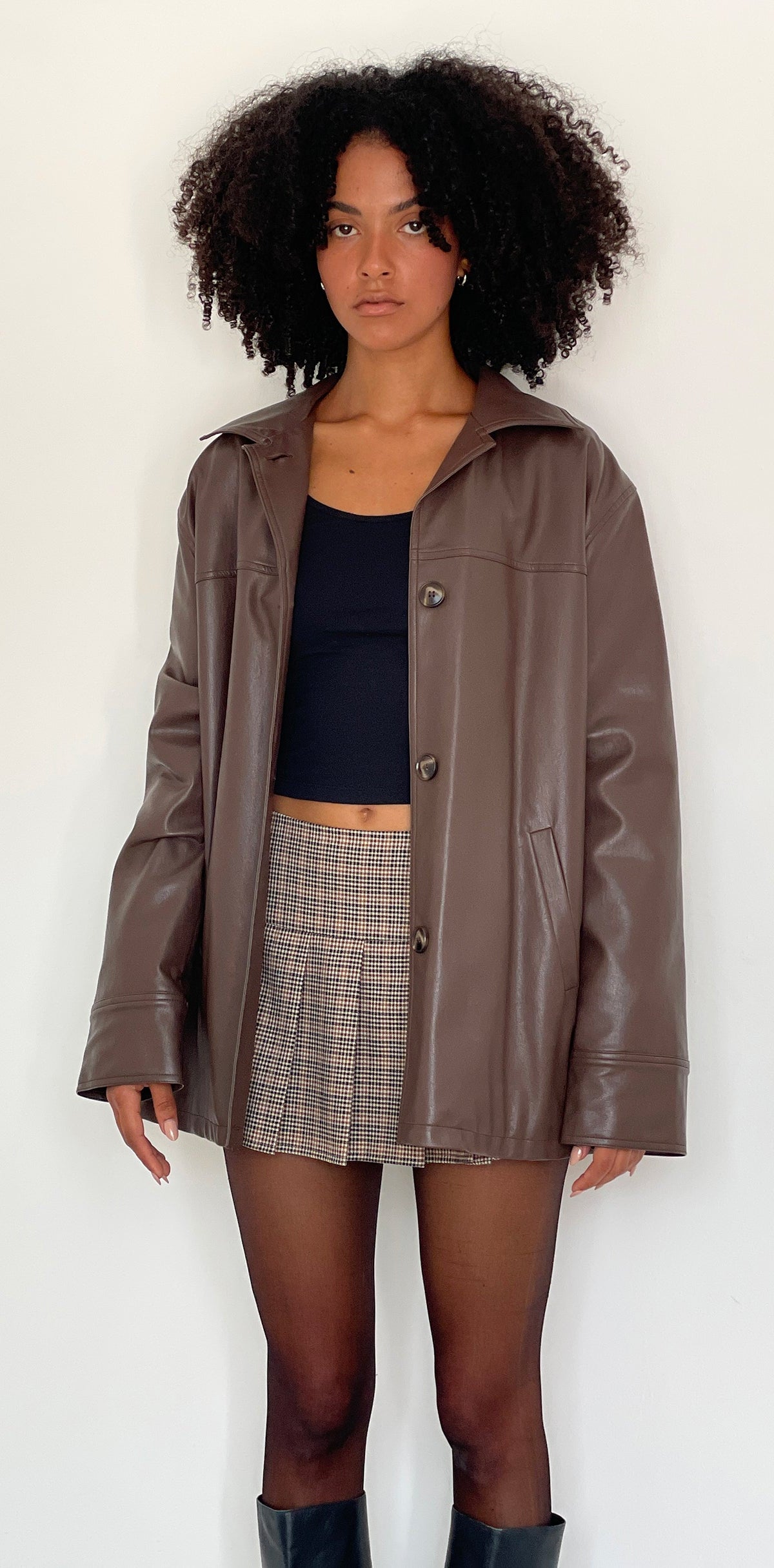 Brown PU Oversized Jacket | Walta – motelrocks-com-us