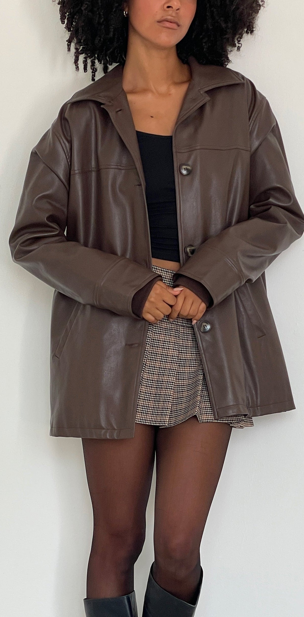 Brown PU Oversized Jacket | Walta – motelrocks-com-us