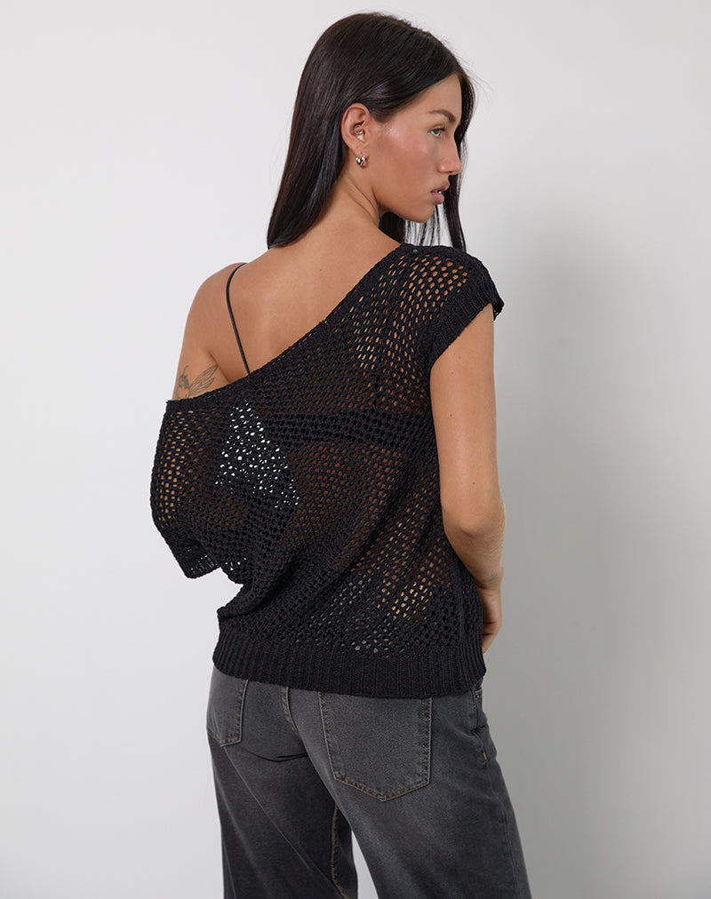 Black Open Knit Slash Neck Top | Weavora – motelrocks-com-us