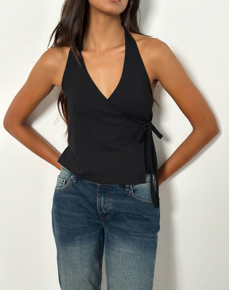 Black Jersey Halter Neck Wrap Top | Wisty – motelrocks-com-us