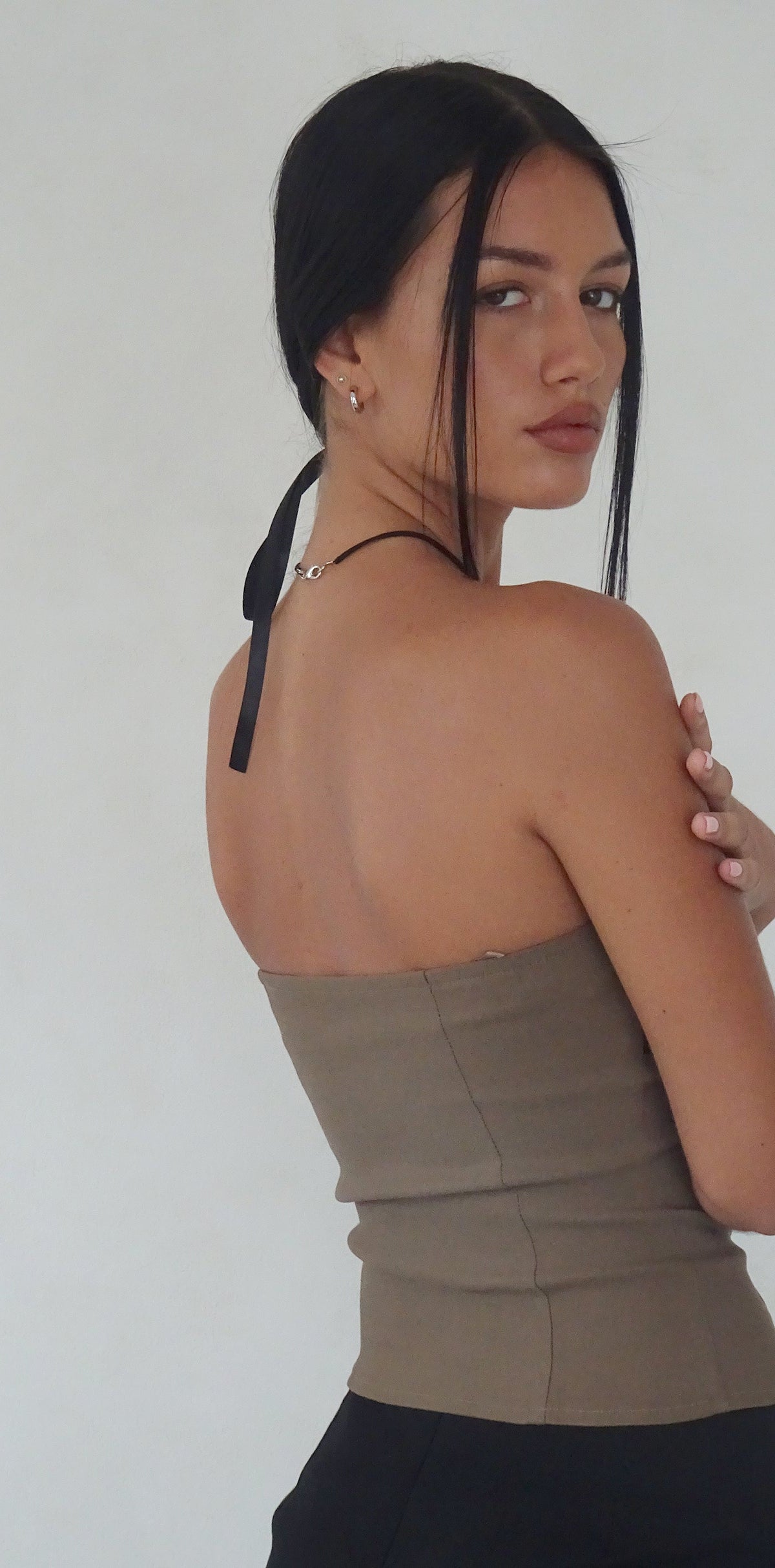 Brown Tailoring Bandeau Bow Top | Woyla – motelrocks-com-us