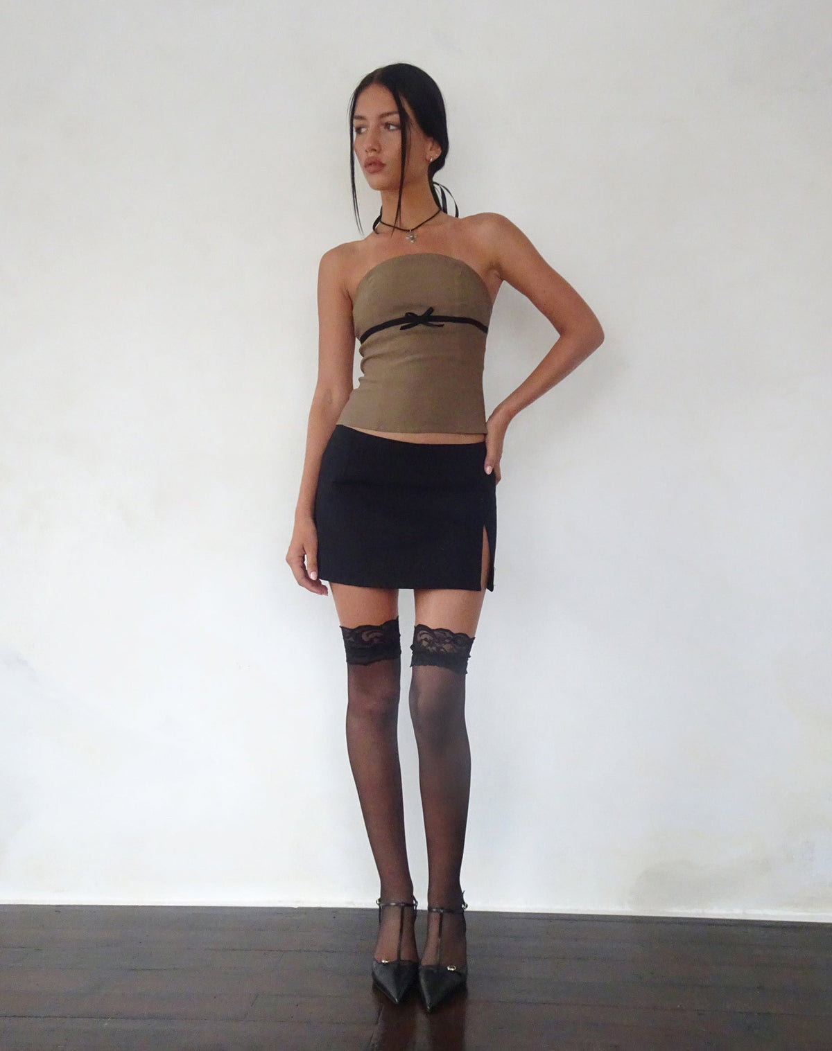 Brown Tailoring Bandeau Bow Top | Woyla – motelrocks-com-us