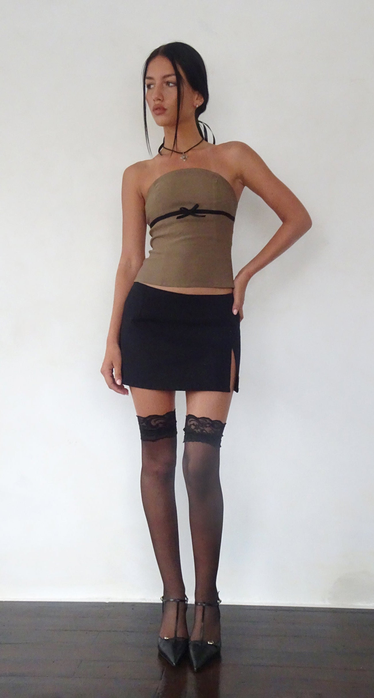 Brown Tailoring Bandeau Bow Top | Woyla – motelrocks-com-us