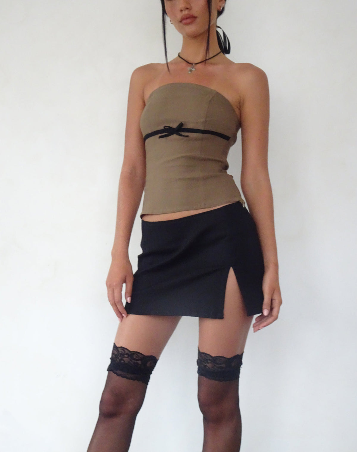 Brown Tailoring Bandeau Bow Top | Woyla – motelrocks-com-us