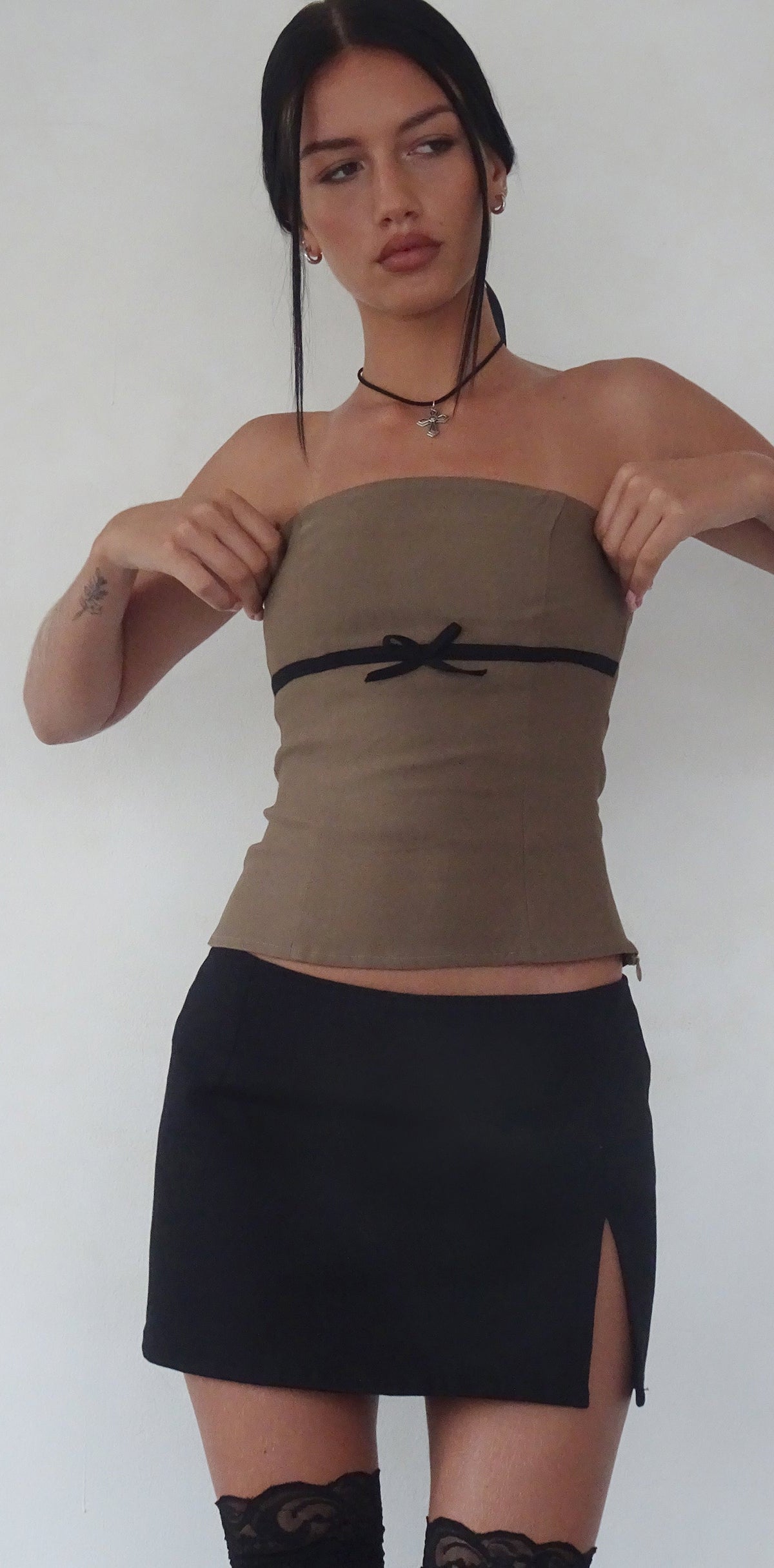 Brown Tailoring Bandeau Bow Top | Woyla – motelrocks-com-us