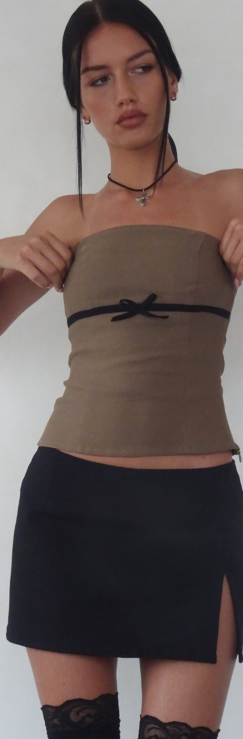 Brown Tailoring Bandeau Bow Top | Woyla – motelrocks-com-us