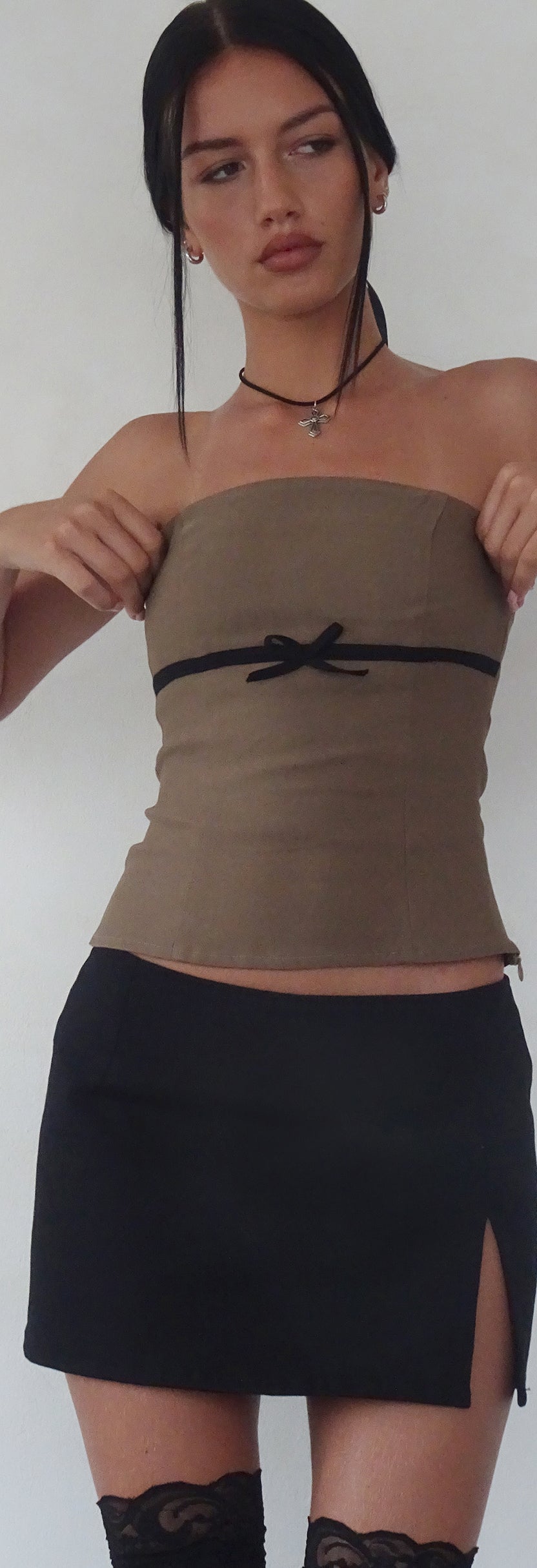 Brown Tailoring Bandeau Bow Top | Woyla – motelrocks-com-us