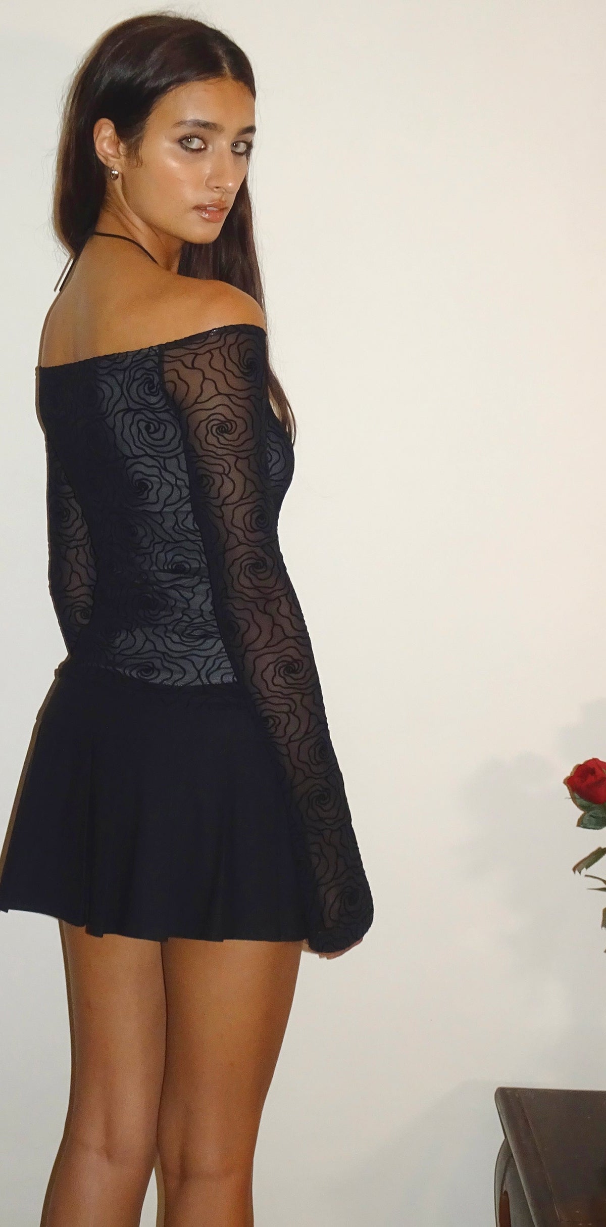 Black Abstract Flower Flock Long Sleeve Mesh Bardot Top | Neira ...