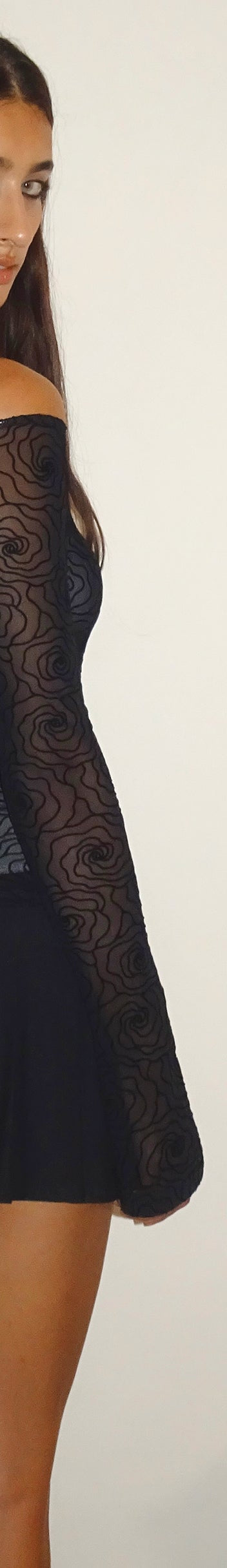 Black Abstract Flower Flock Long Sleeve Mesh Bardot Top Neira