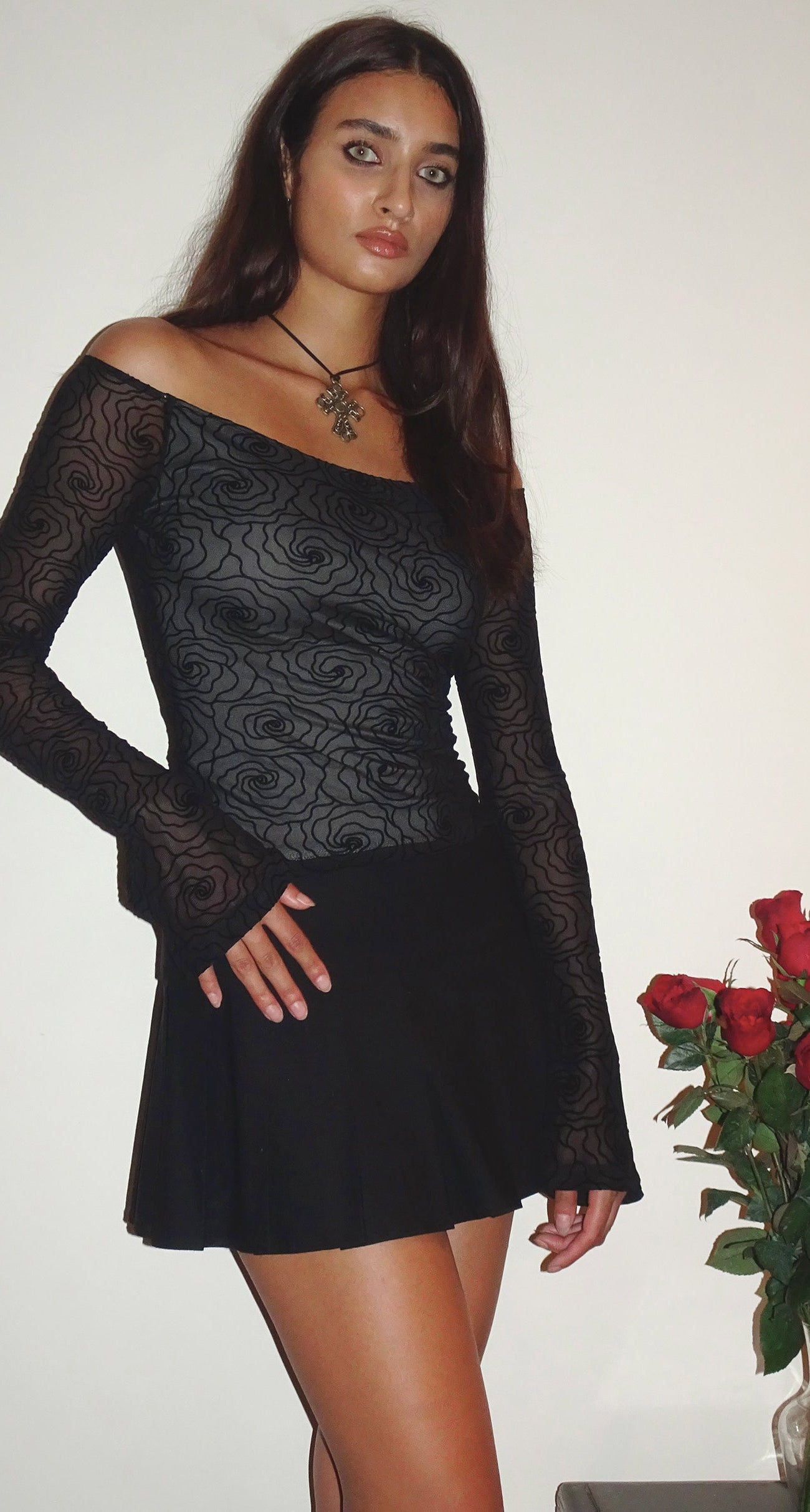 Black Abstract Flower Flock Long Sleeve Mesh Bardot Top | Neira ...