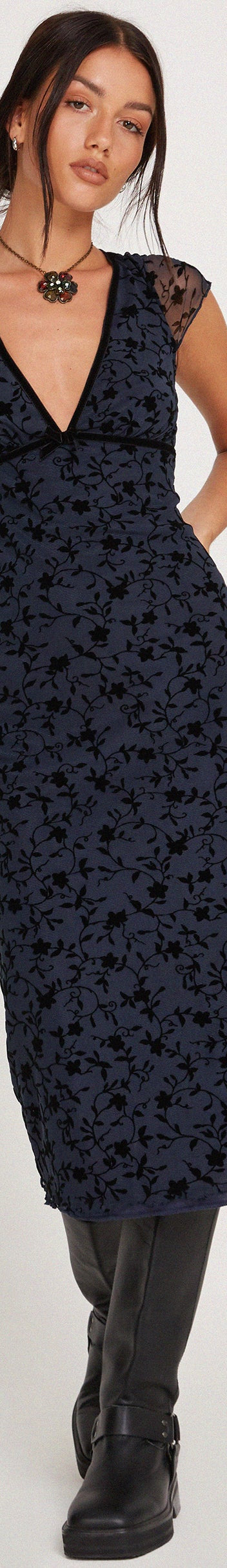 Pretty Petal Flock Black Midi Dress | Vilinia – motelrocks-com-us