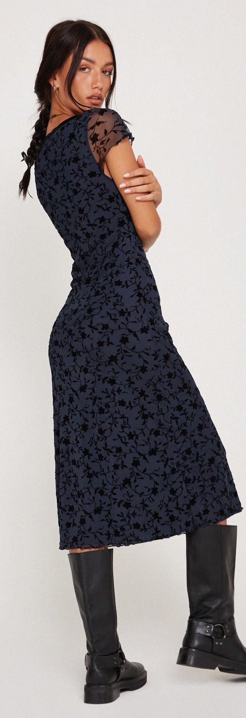 Pretty Petal Flock Black Midi Dress | Vilinia – motelrocks-com-us