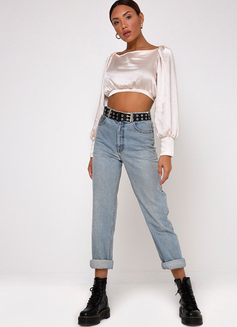 Satin Ivory Long Sleeved Crop Top | Adoria – motelrocks-com-us