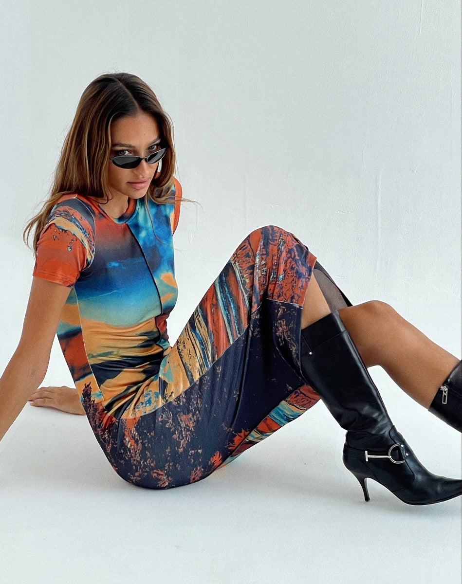 Blue and Orange Print Short Sleeve Midi Dress | Tapaki – motelrocks-com-us