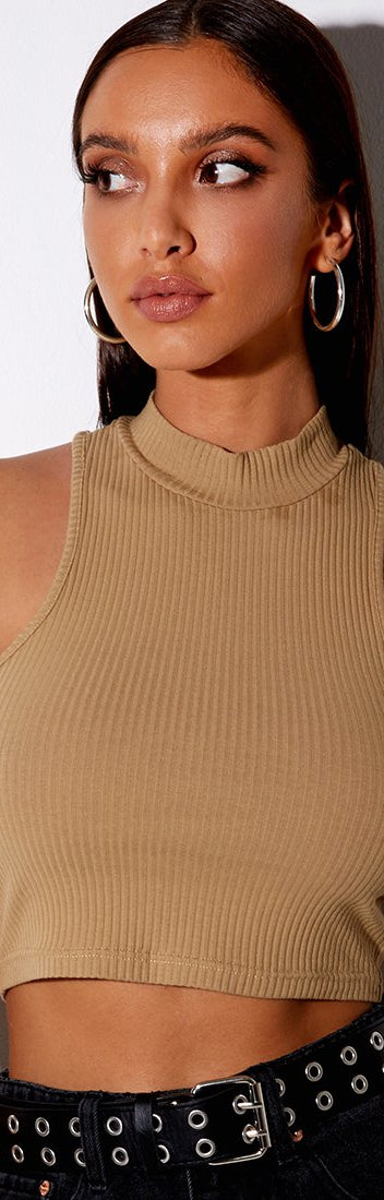 High Neck Camel Ribbed Crop Top | Azura – motelrocks-com-us