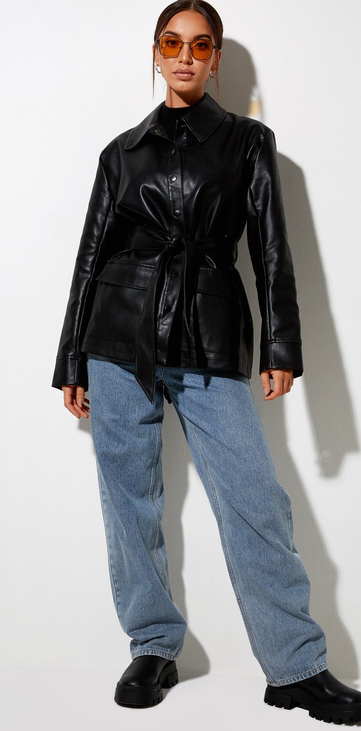 Black PU Jacket | Belted Jacket – motelrocks-com-us