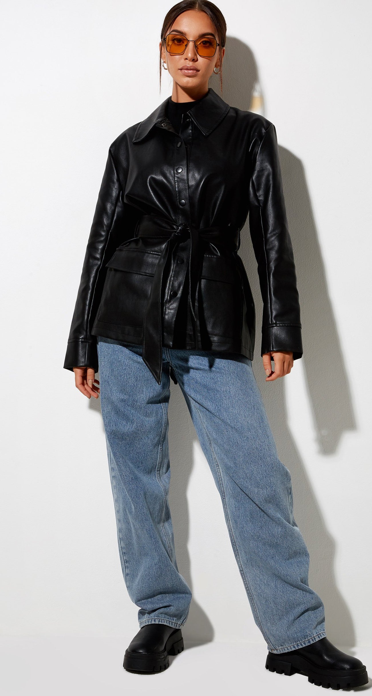 Black PU Jacket | Belted Jacket – motelrocks-com-us