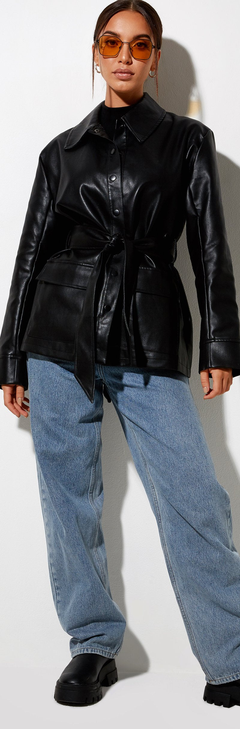 Black PU Jacket | Belted Jacket – motelrocks-com-us