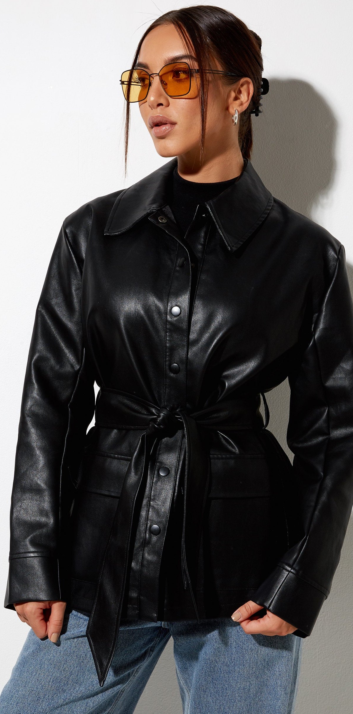 Black PU Jacket | Belted Jacket – motelrocks-com-us