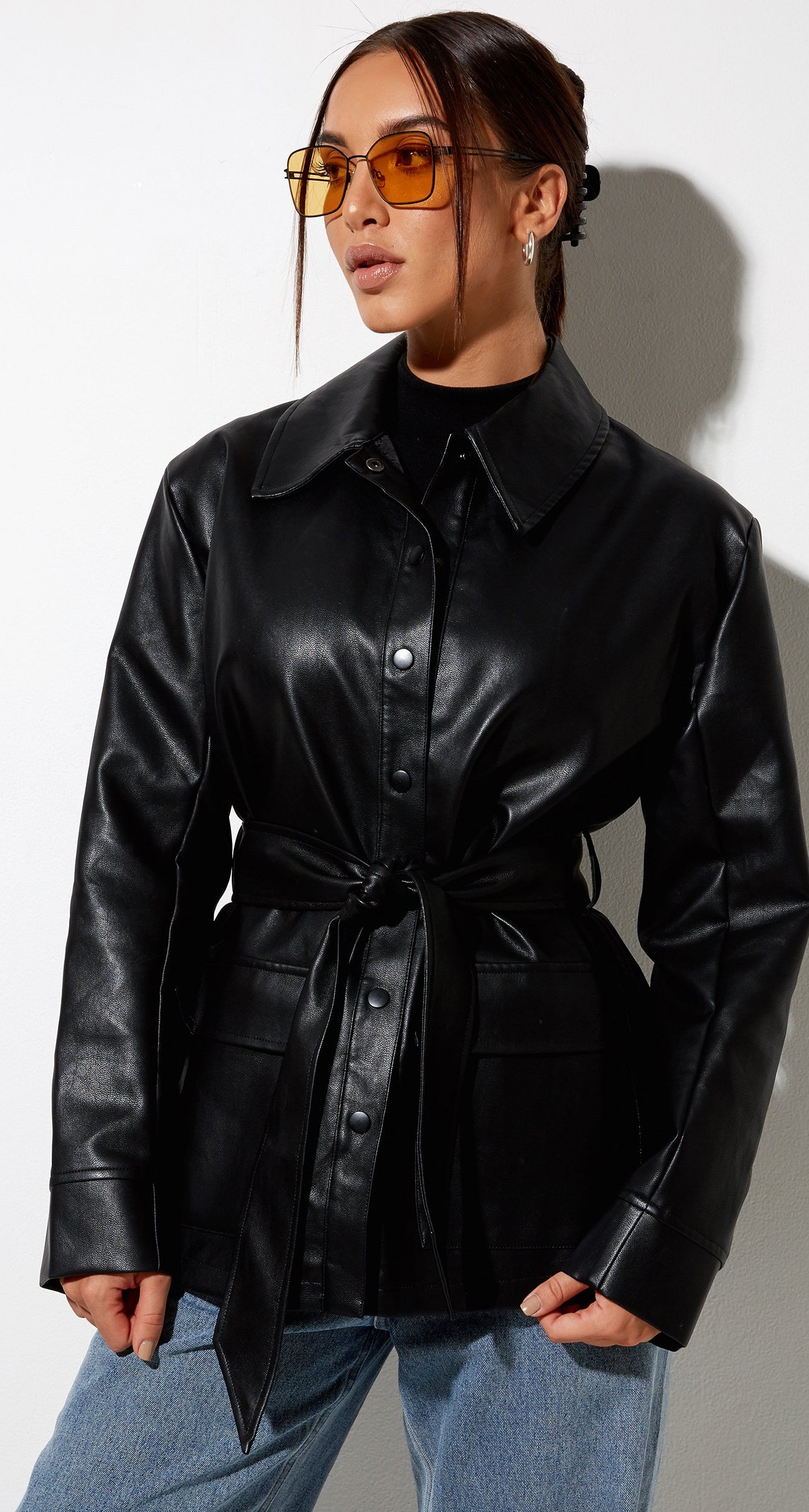 Black PU Jacket | Belted Jacket – motelrocks-com-us